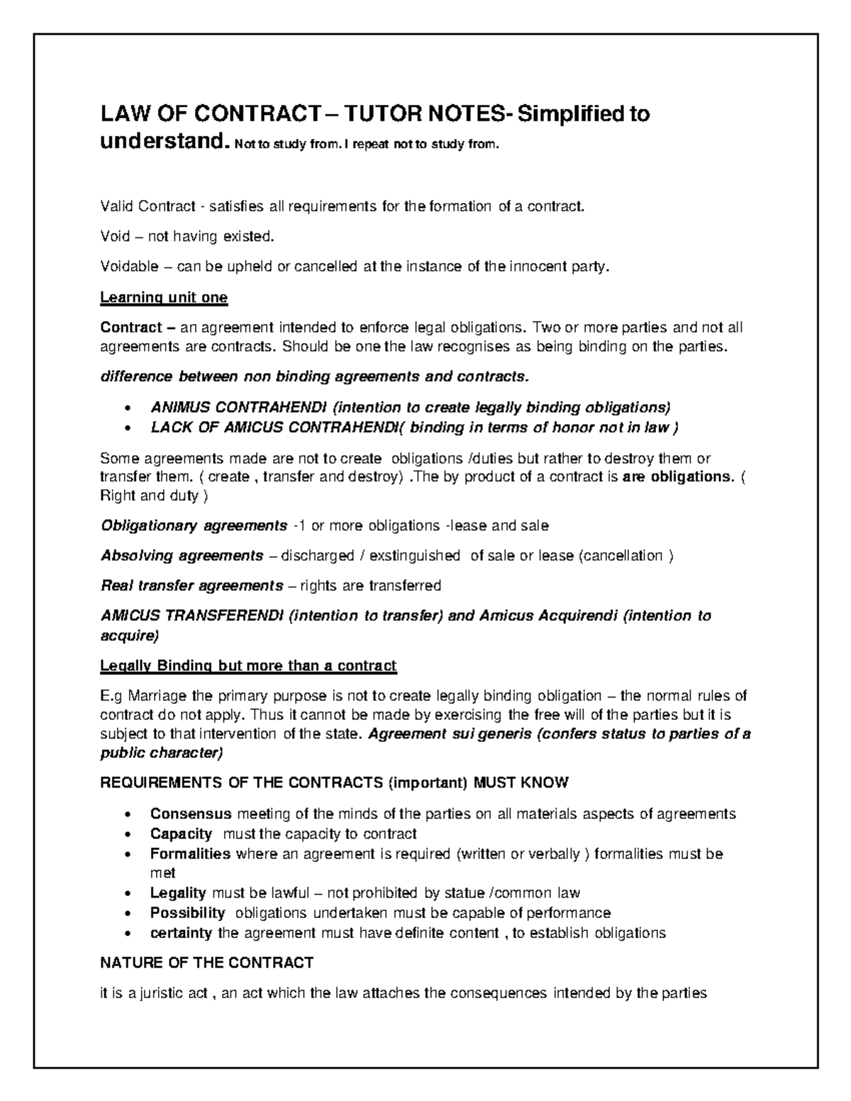 LAW OF CONTRACT TUTOR NOTES LU1: Key Concepts & Case Law Insights - Studocu