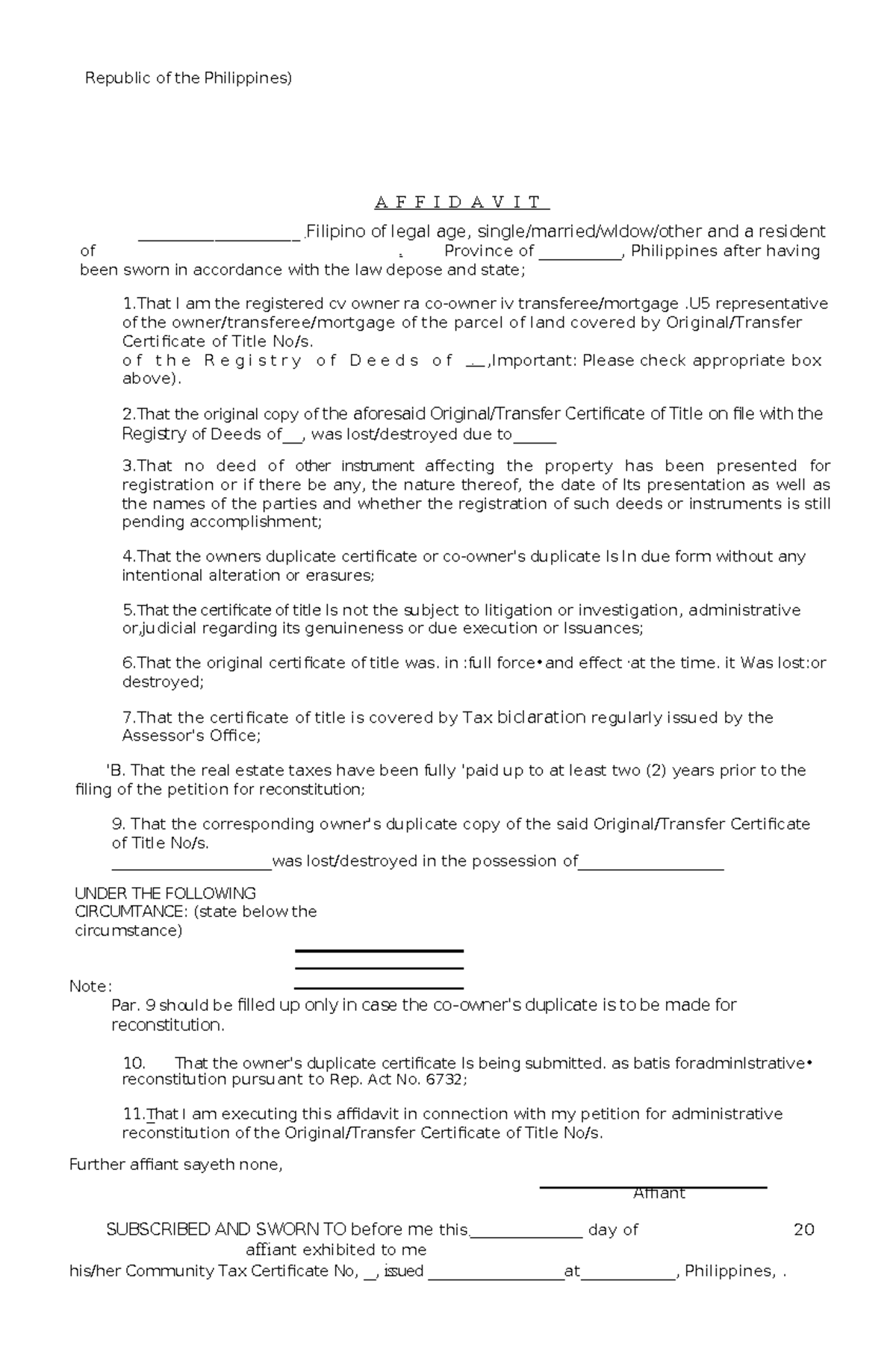 Reconstitution of Certificate of Title Affidavit - Philippines - Studocu
