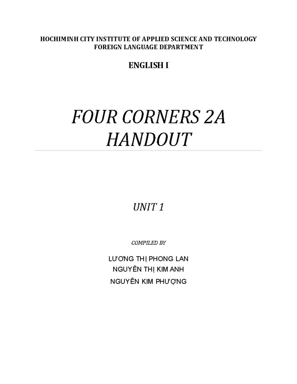 Four Corners 2A Handout - Unit 1, 2, 3 Overview & Vocabulary - Studocu