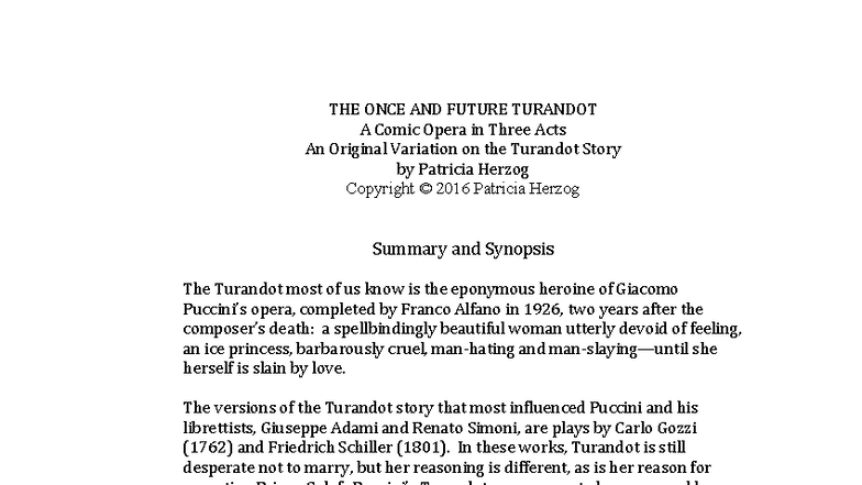 Turandot Libretto Summary & Synopsis: A New Comic Opera Variation - Studocu