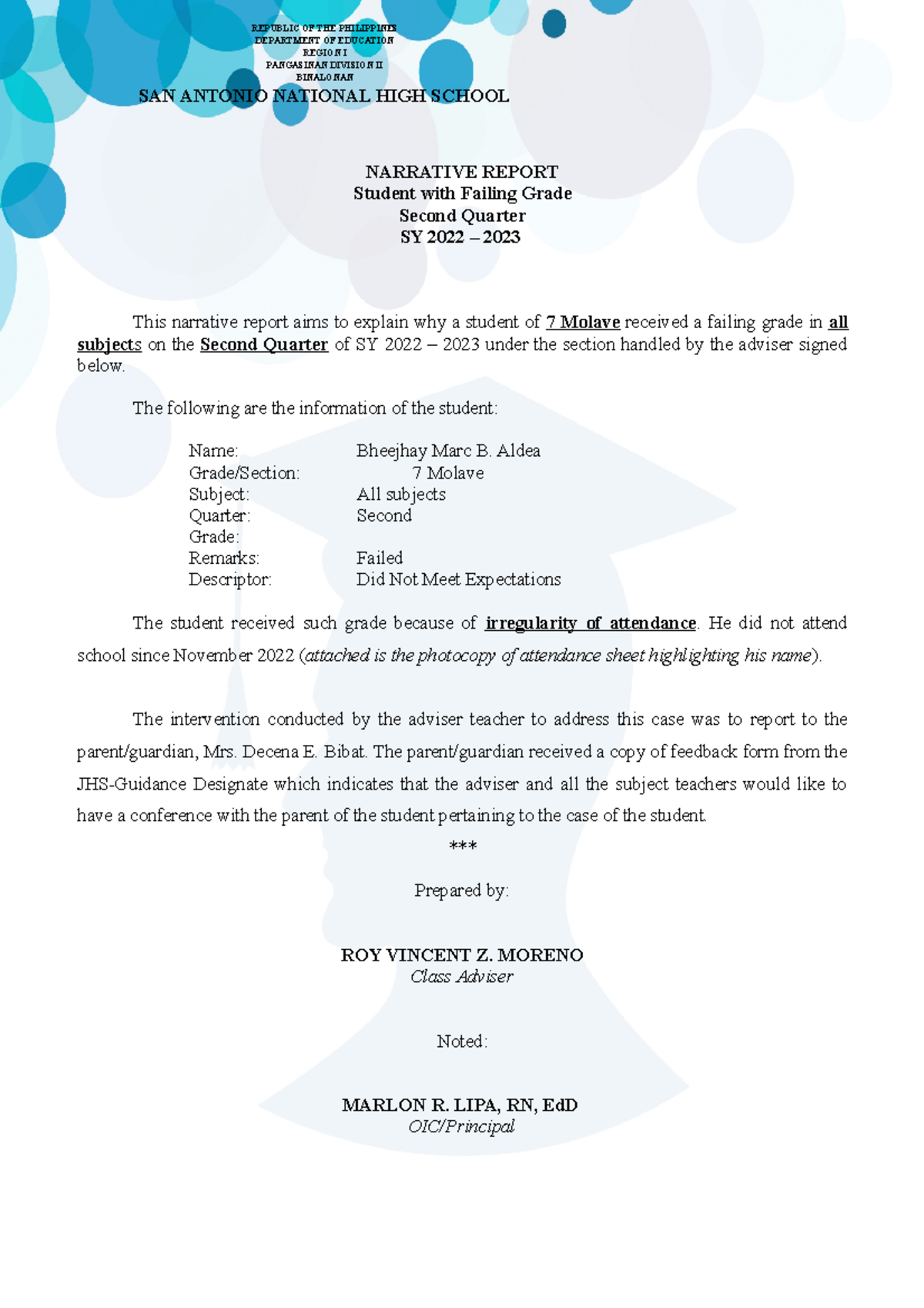Narrative Report on Failing Grade - 7 Molave - SY 2022-2023 - Studocu