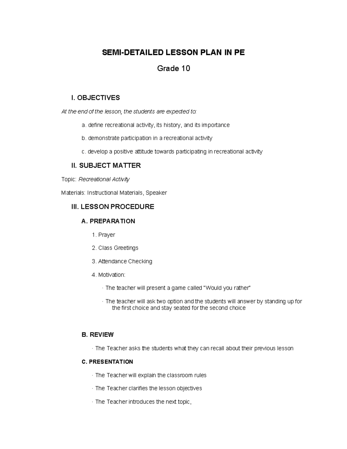 SEMI-Detailed Lesson Plan in PE 10: Recreational Activities - Studocu