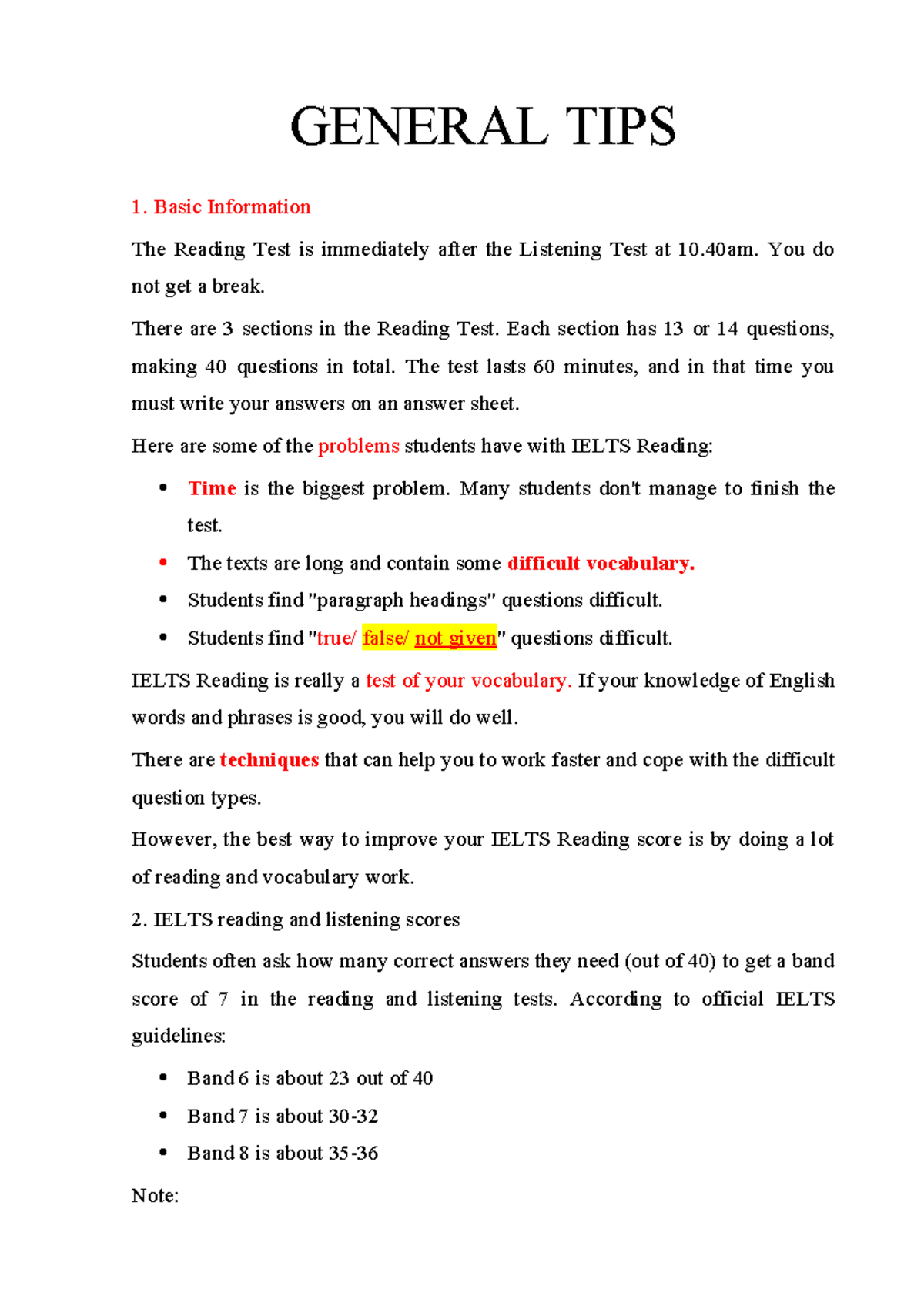 Reading - fgfgfg - GENERAL TIPS Basic Information The Reading Test is ...