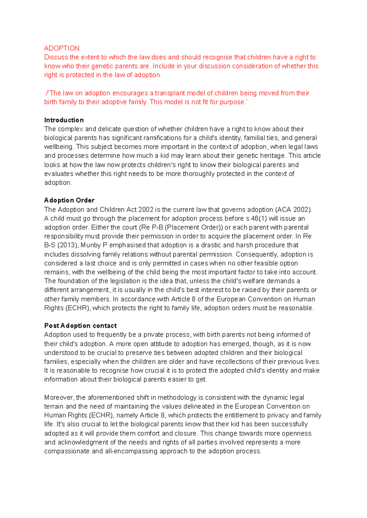 Adoption Essay: Examining Children's Rights to Know Their Biological ...