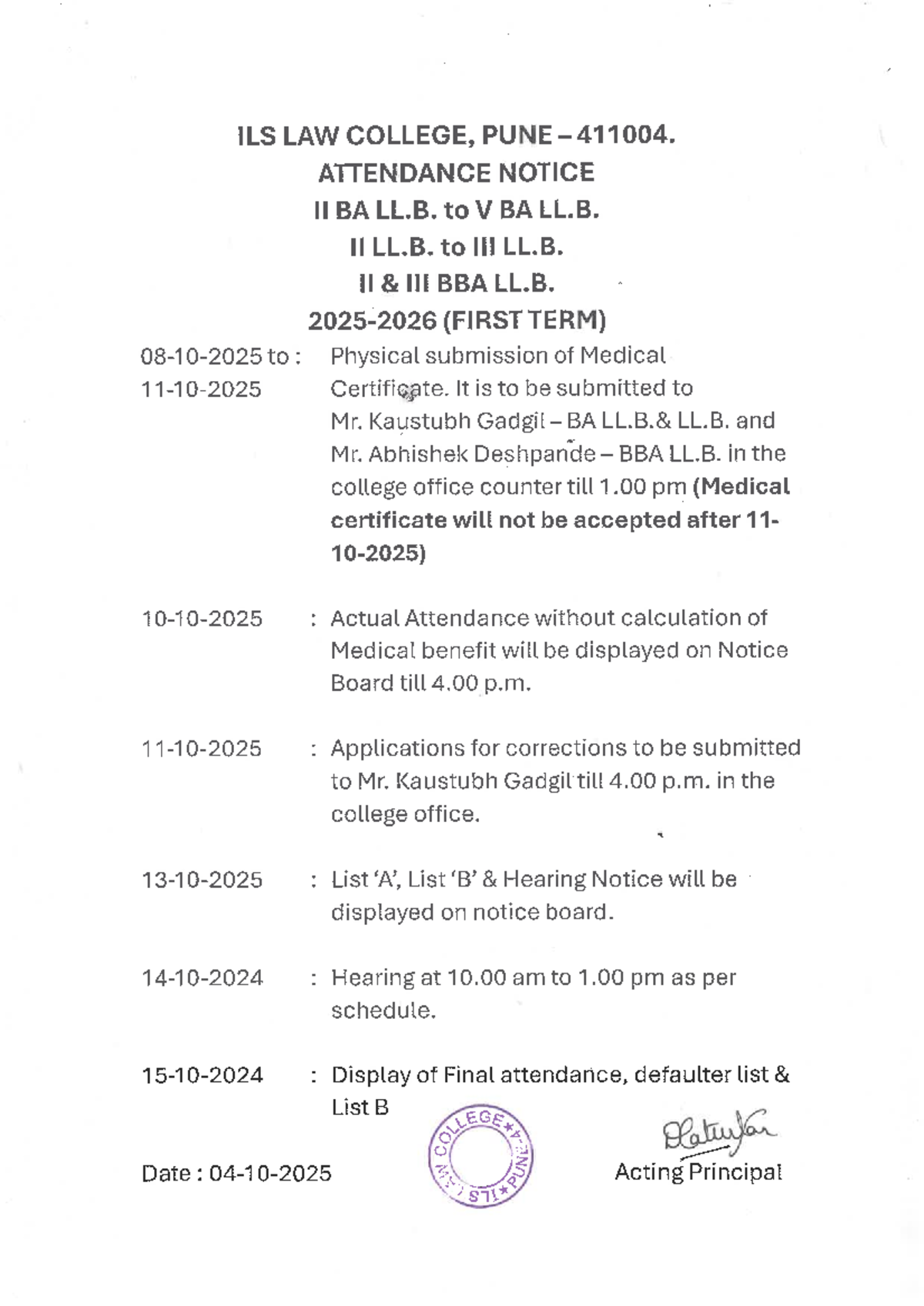 ILS LAW COLLEGE 411004: Attendance Notice for II BA LL.B. to V BA LL.B ...