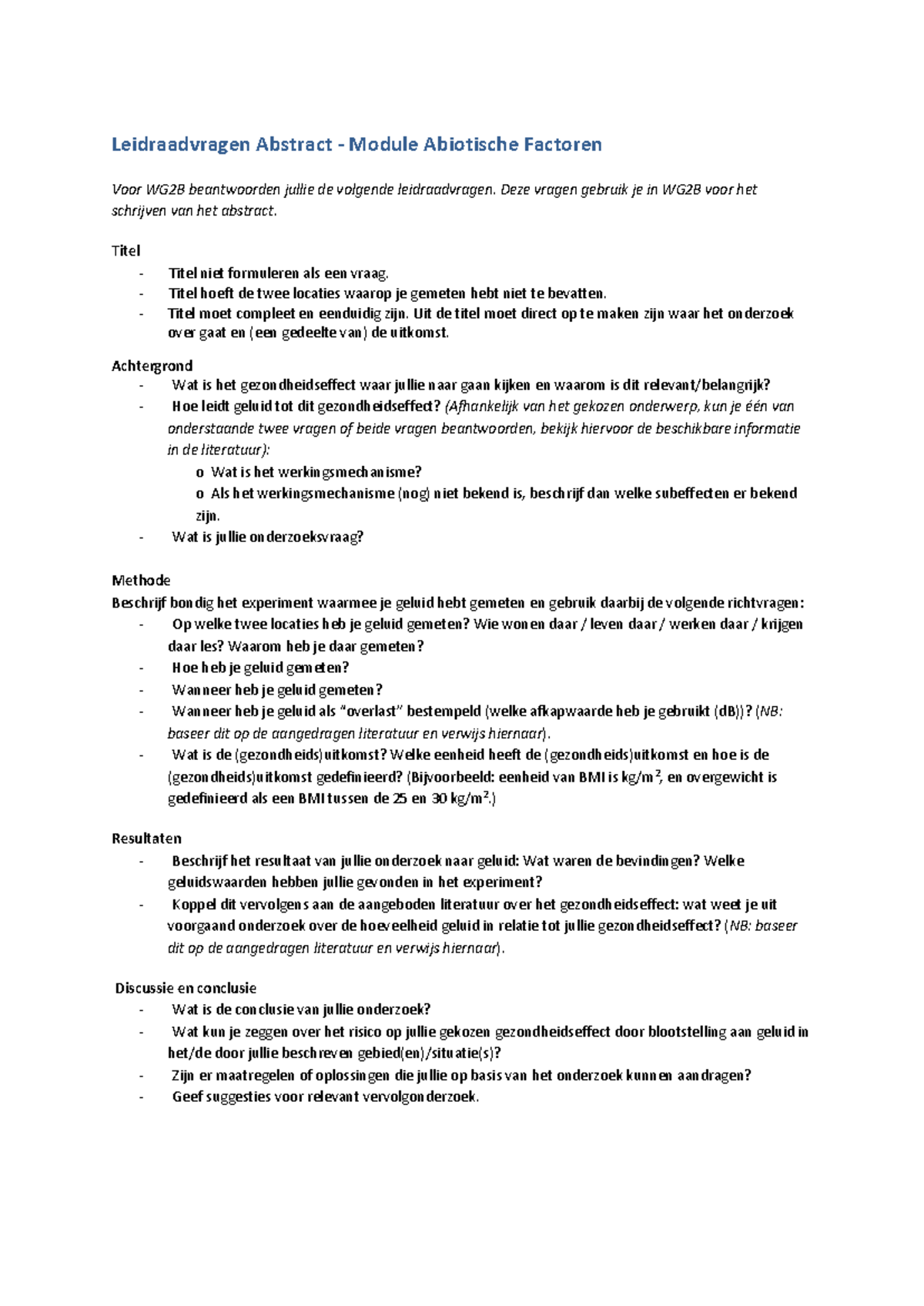 Leidraadvragen Abstract - Deze vragen gebruik je in WG2B voor het ...