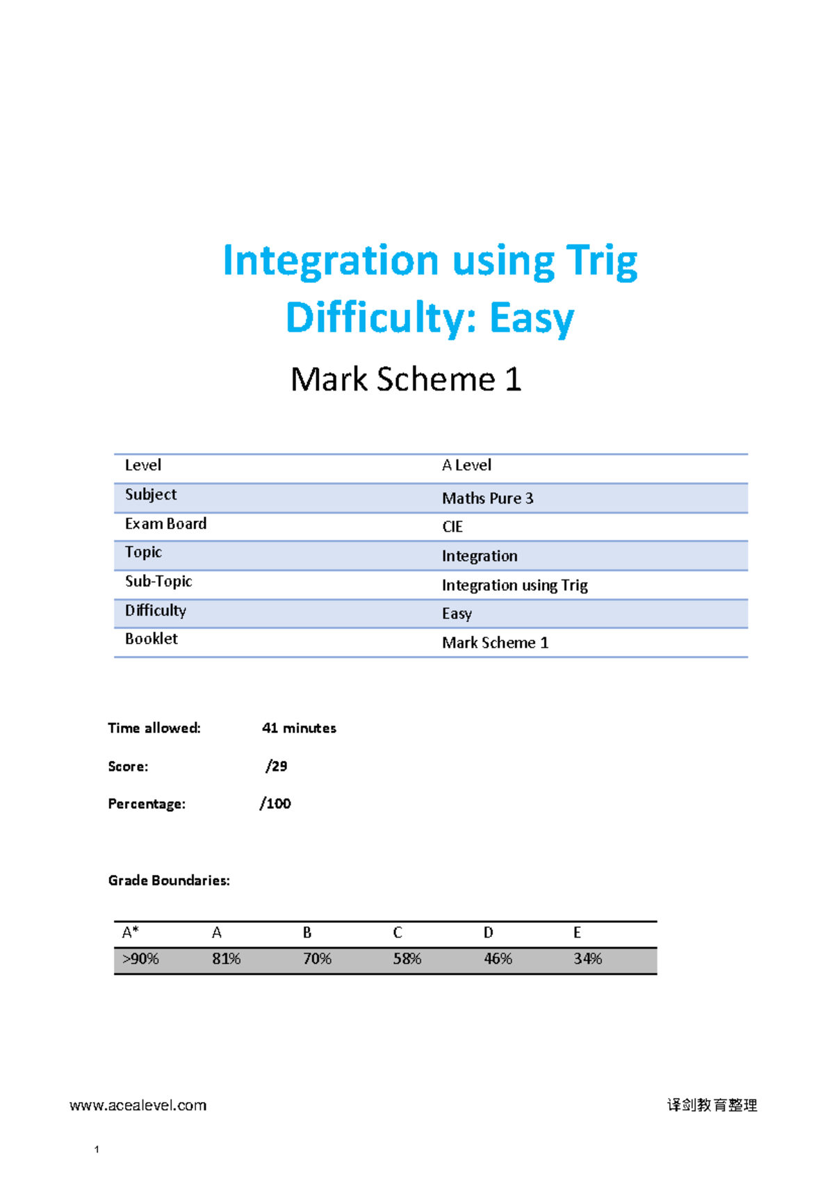 A5 - A5.3-Integration-using-Trig-Mark-Scheme-1-Easy-CIE-A-Level-Maths-P3 - Mark Scheme 1 ...