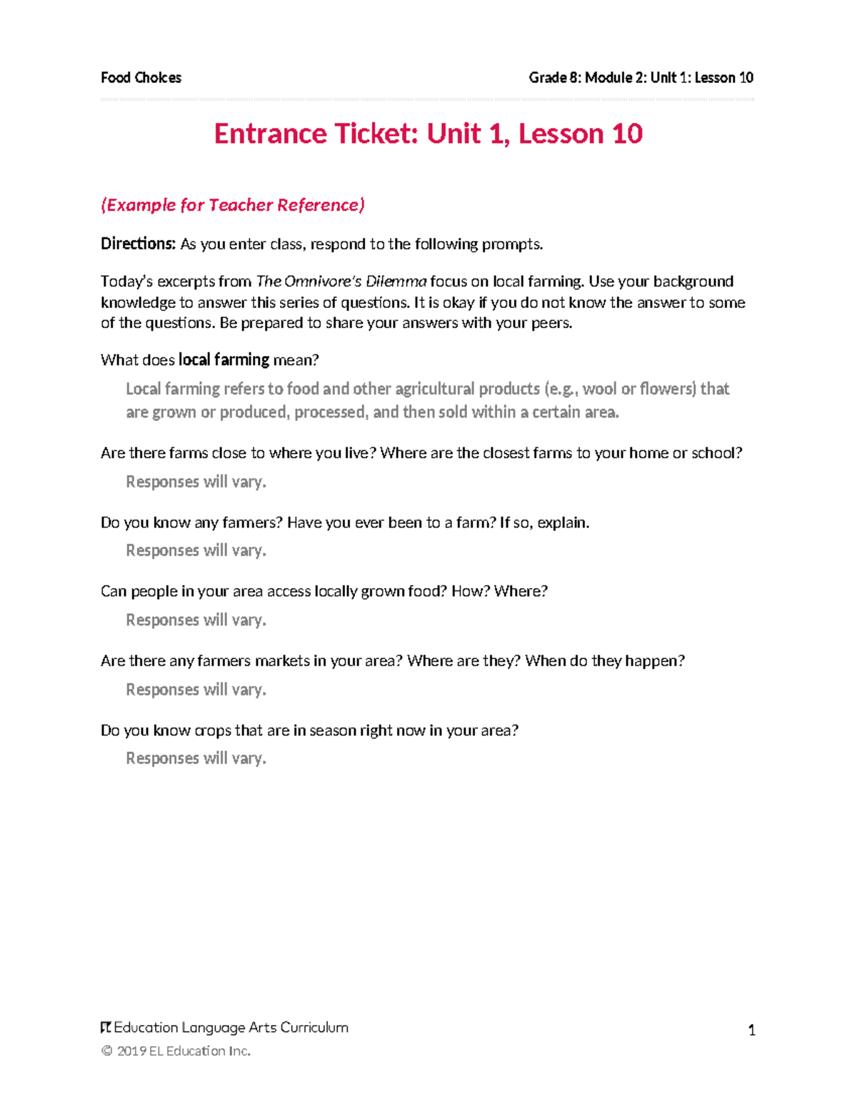 Food Choices Grade 8: Module 2, Unit 1, Lesson 10 - Local Farming ...