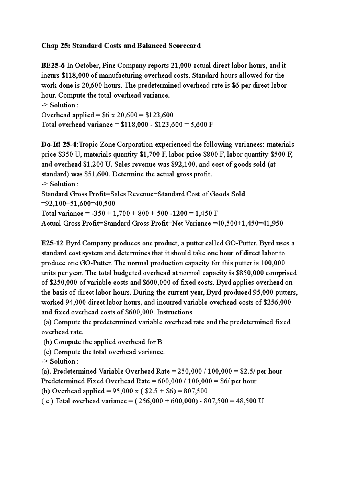 Chap 25: Standard Costs & Overhead Variances Analysis - MA Essay - Studocu