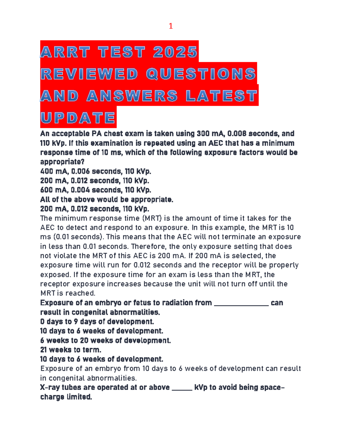 ARRT TEST 2025: Key Concepts and Exam Preparation Notes - Studocu