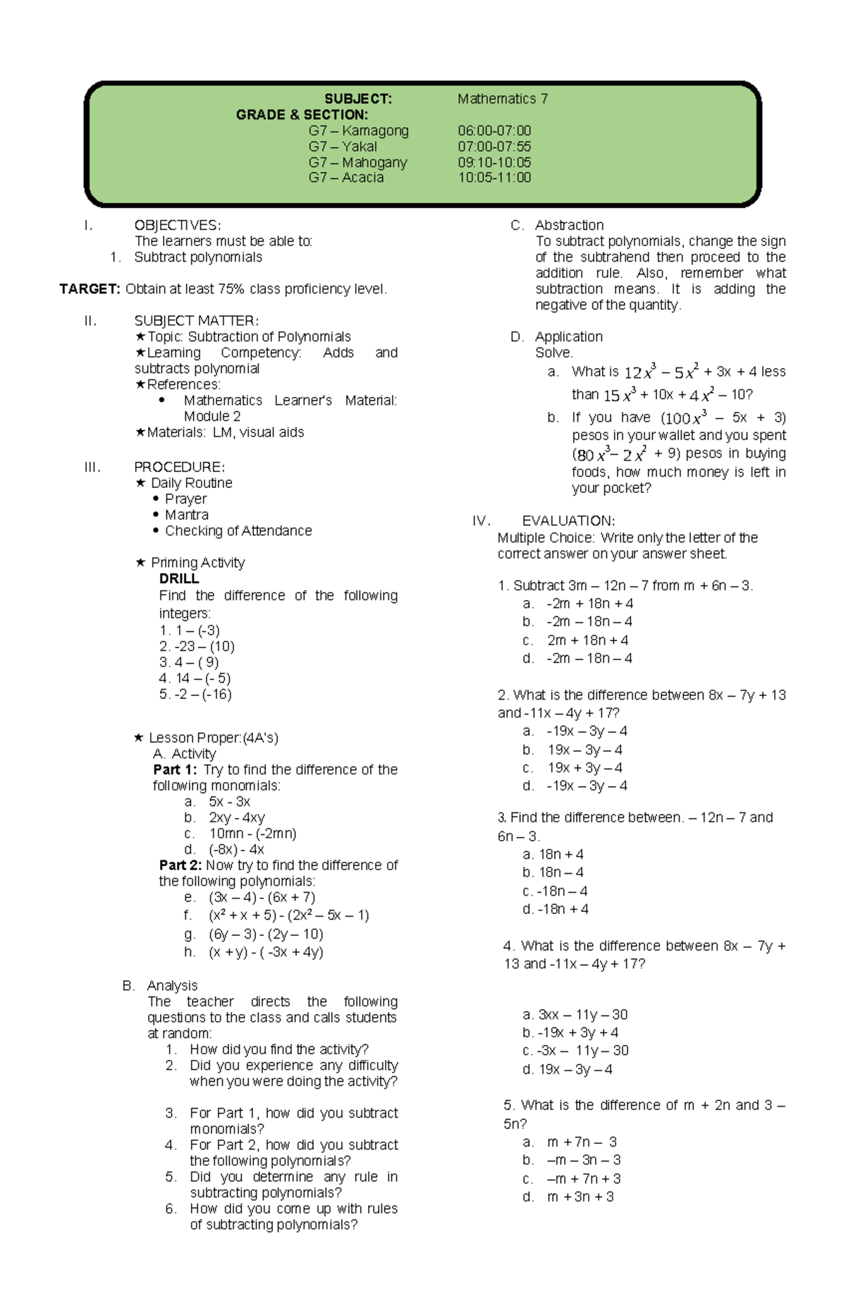 Mathematics 7: Subtraction of Polynomials Lesson Plan - Studocu
