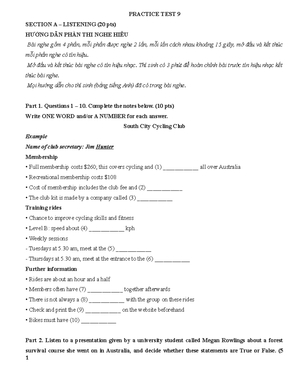 Practice Test 9 - Listening Section A Guide and Questions - Studocu
