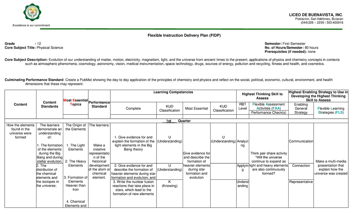 FIDP: Physical Science Grade 12 First Semester Overview - Studocu