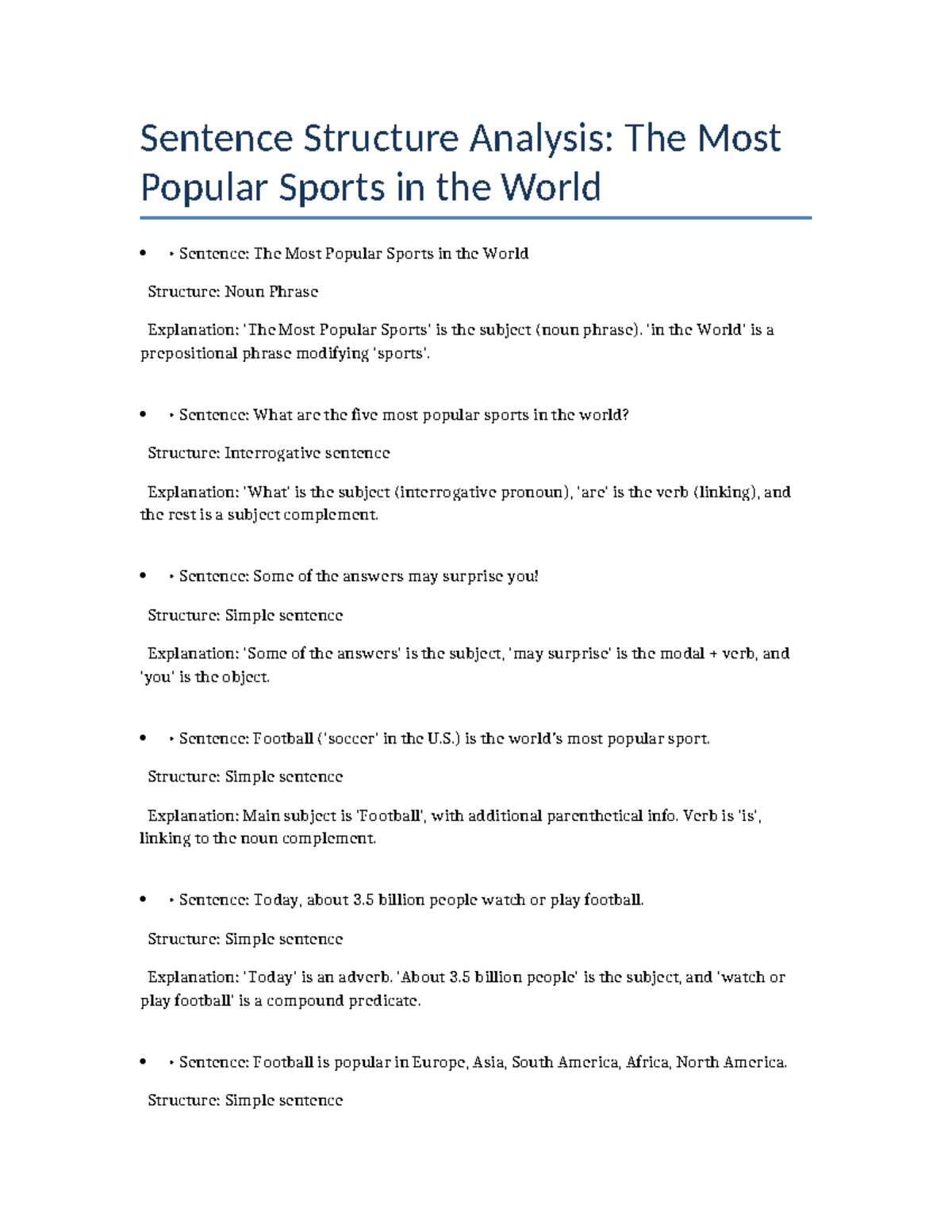 Sentence Structure Analysis: Most Popular Sports in the World - 1 - Studocu