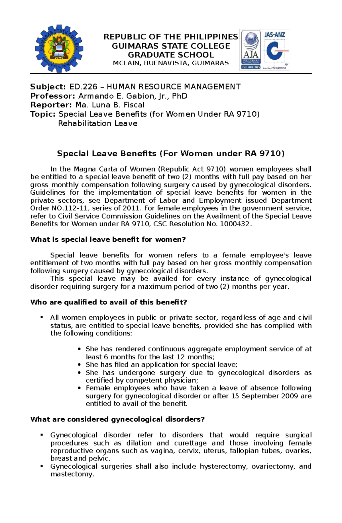 ED.226 – Human Resource Management: Special Leave & Rehabilitation ...