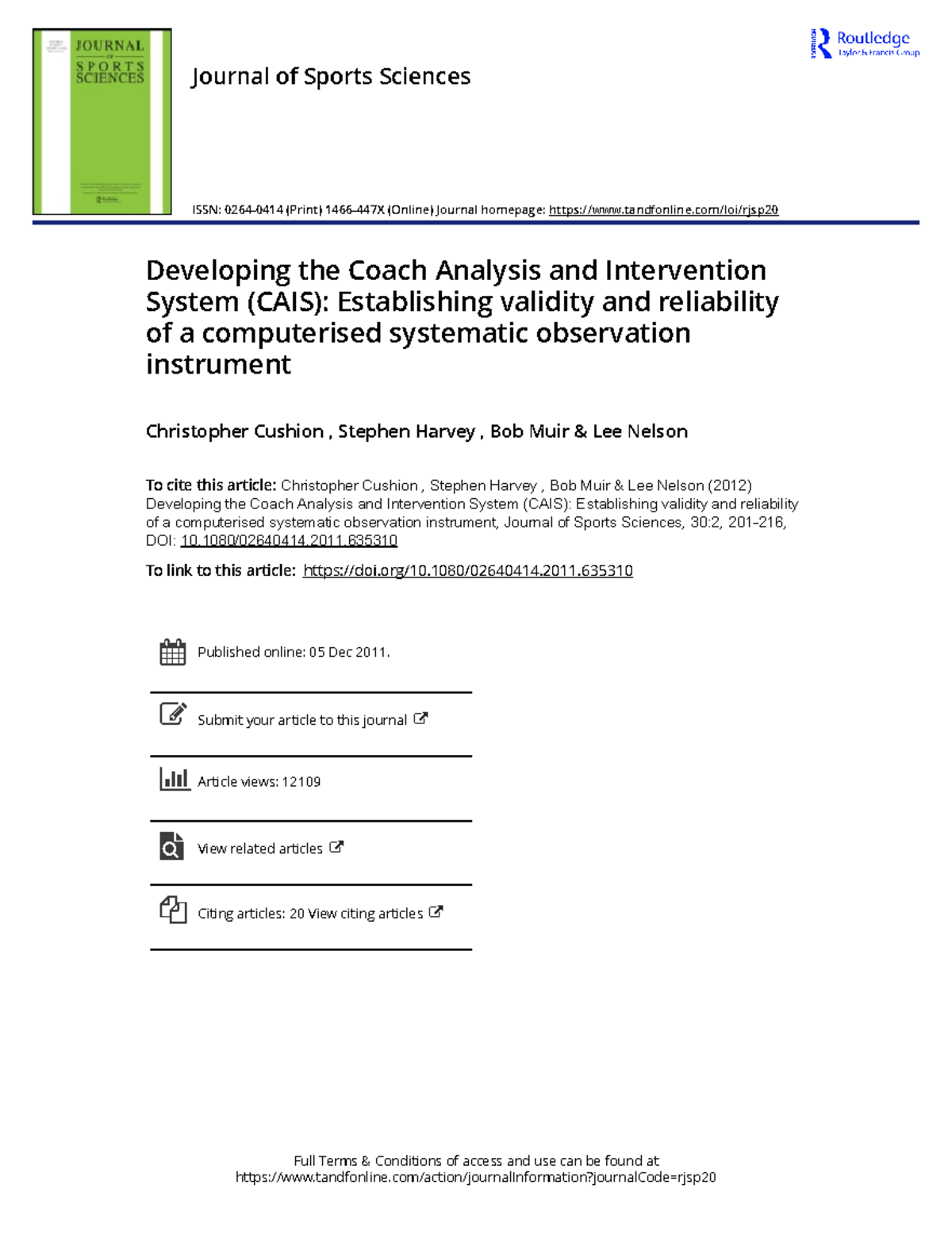Developing CAIS: Validity & Reliability of Coaching Behaviour Analysis ...