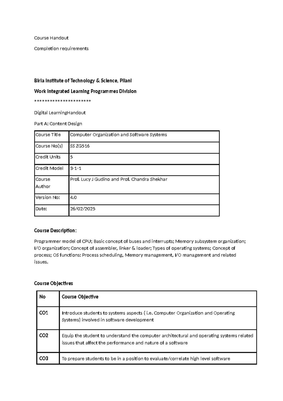 Course Handout: Computer Organization & Software Systems (SS ZG516) - Studocu