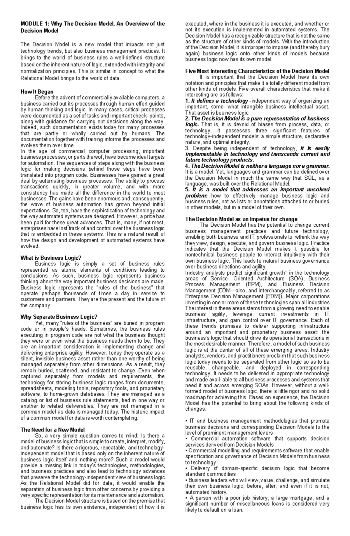 MODULE 1: Overview of the Decision Model in Business Logic - Studocu