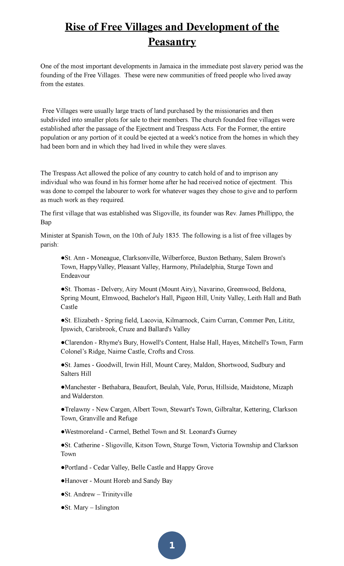 Free Villages and Peasantry in Post-Slavery Jamaica (HIST 101) - Studocu