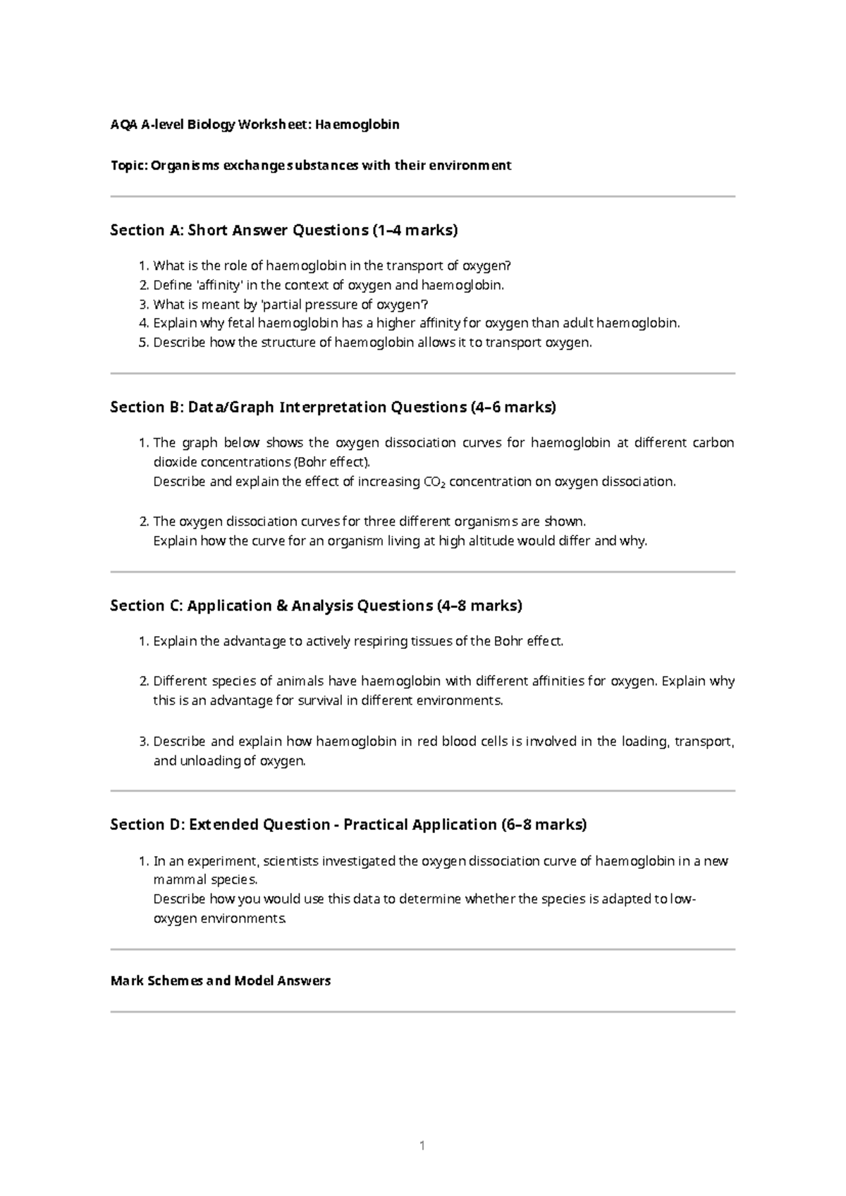 AQA Biology Worksheet: Haemoglobin and Oxygen Transport - Studocu