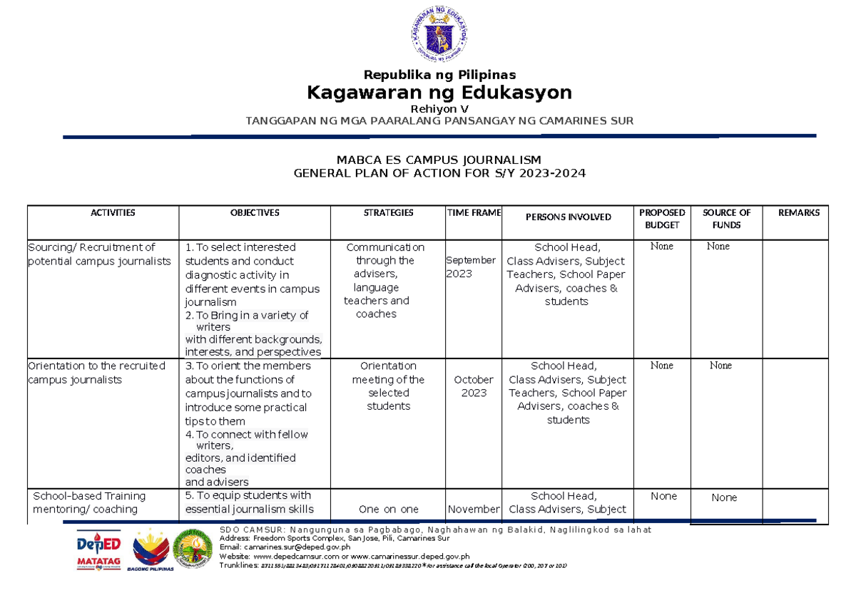 CJ Action PLAN 2023-2024 - Republika ng Pilipinas Kagawaran ng Edukasyon Rehiyon V TANGGAPAN NG ...