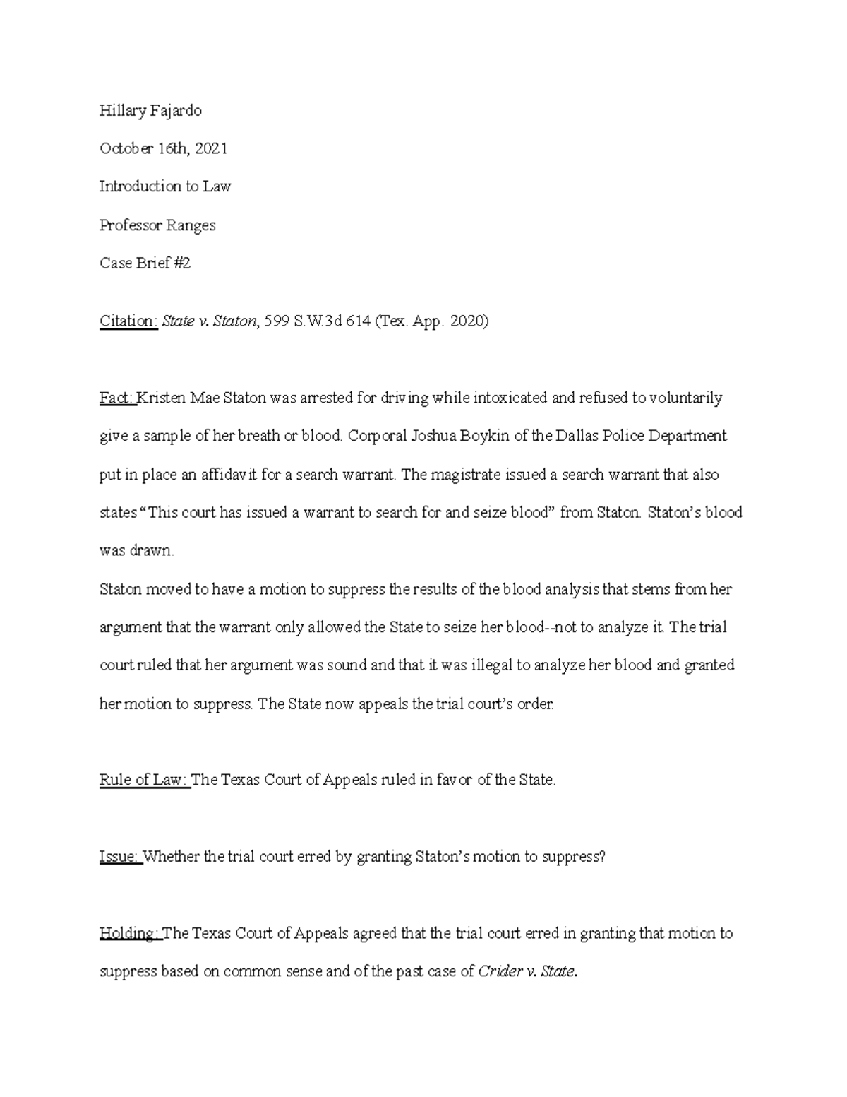 State v. Staton Case Brief: Analysis of Suppression Motion - Studocu