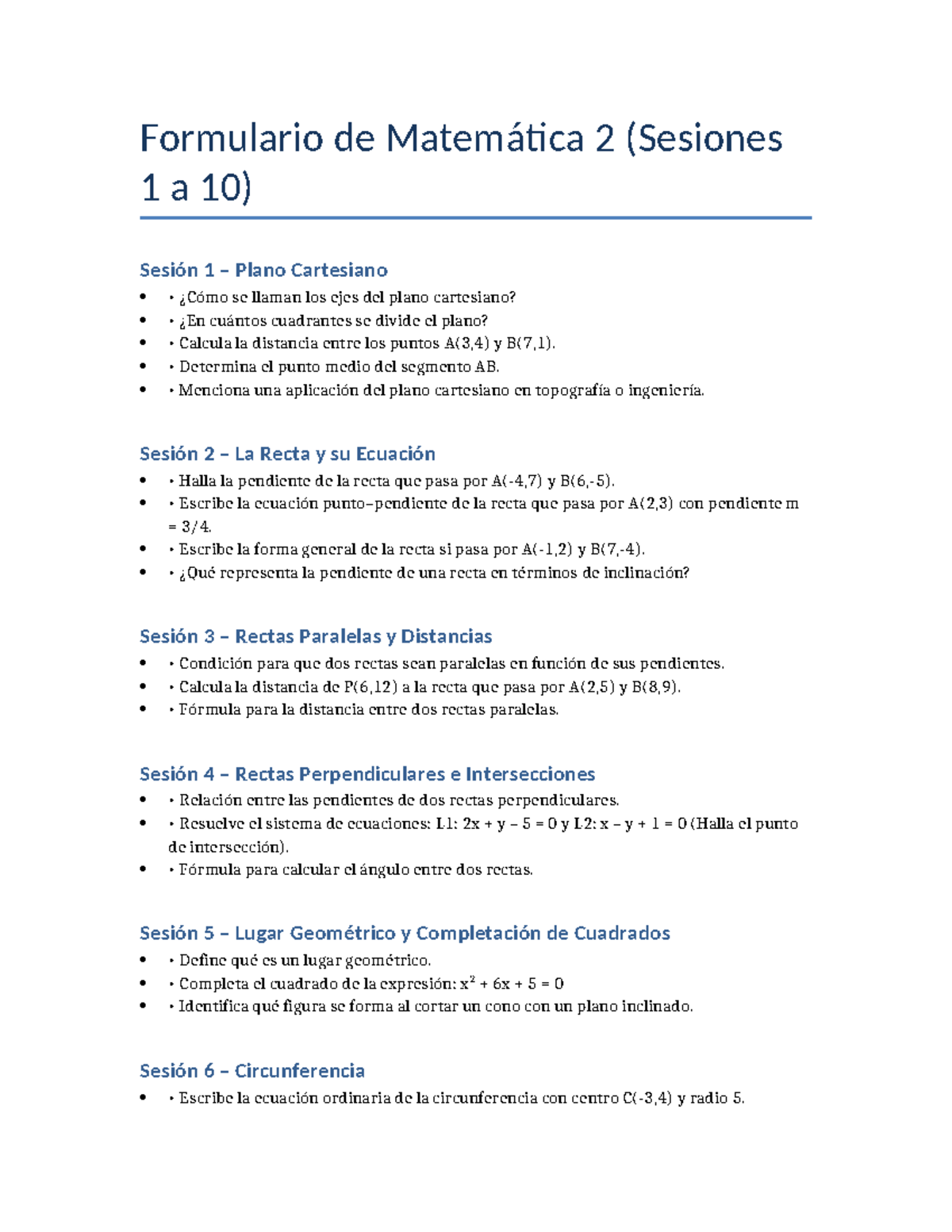 Formulario de Matemática 2: Sesiones 1 a 6 - Ejercicios y Conceptos ...