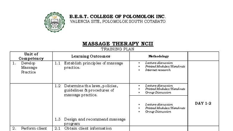 MAT - Training Plan for Massage Therapy NCII: Unit 1 Competencies - Studocu