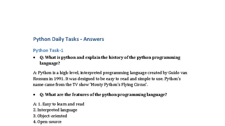 Python Daily Tasks Q&A: History, Features, and Applications - Studocu