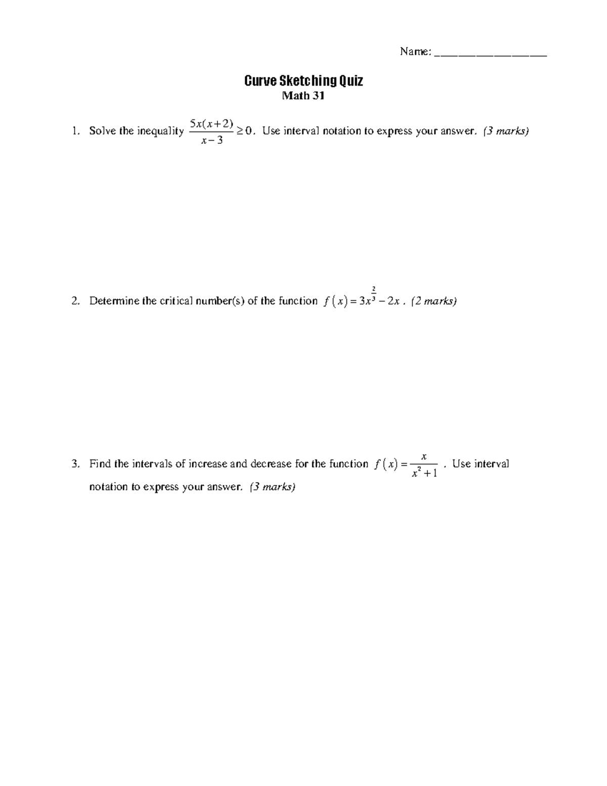 Curve Sketching Quiz - Math 31: Basic Calculus Concepts - Studocu
