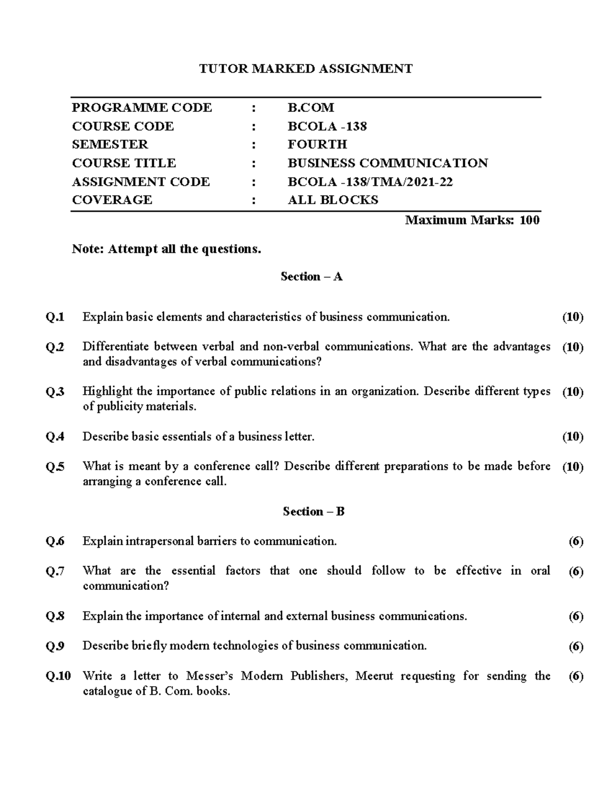 Bcola 138 - Business Communication TMA Answer Key & Guide - Studocu