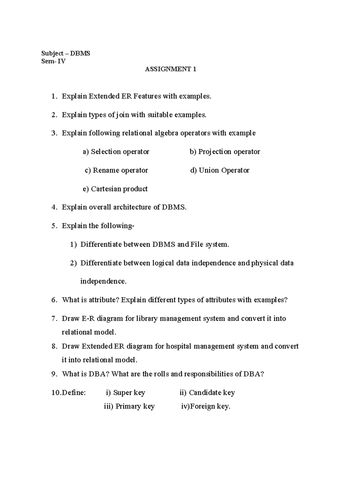 DBMS IV Assignment 1: Extended ER Features & Relational Algebra ...