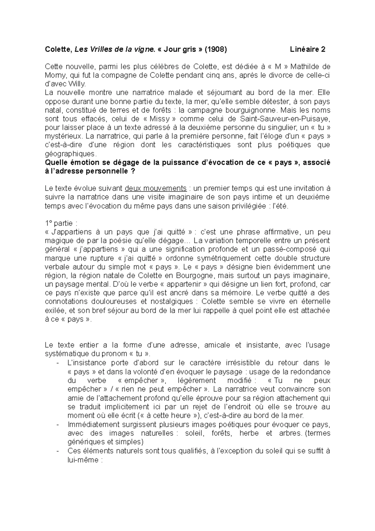 Analyse linéaire n°3 : Colette et "Jour gris" dans Les vrilles de la ...