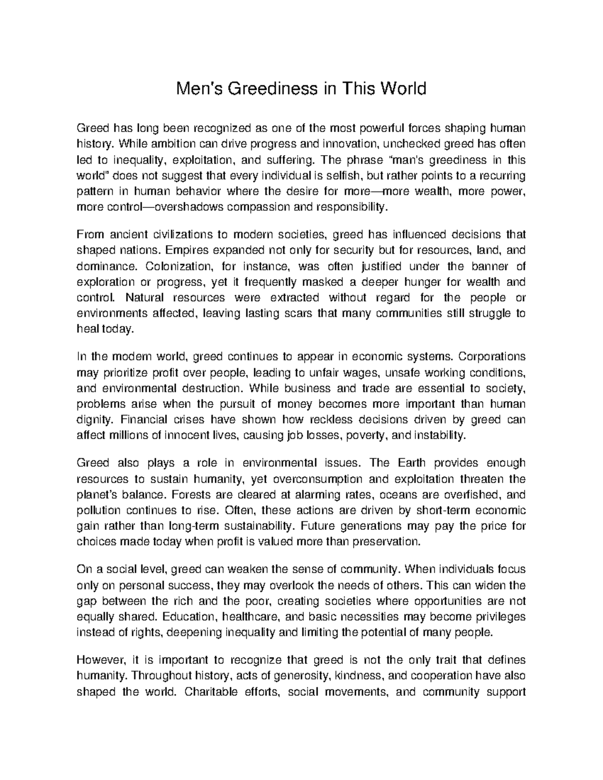 Mens Greediness Essay: The Impact of Greed on Society and History - Studocu
