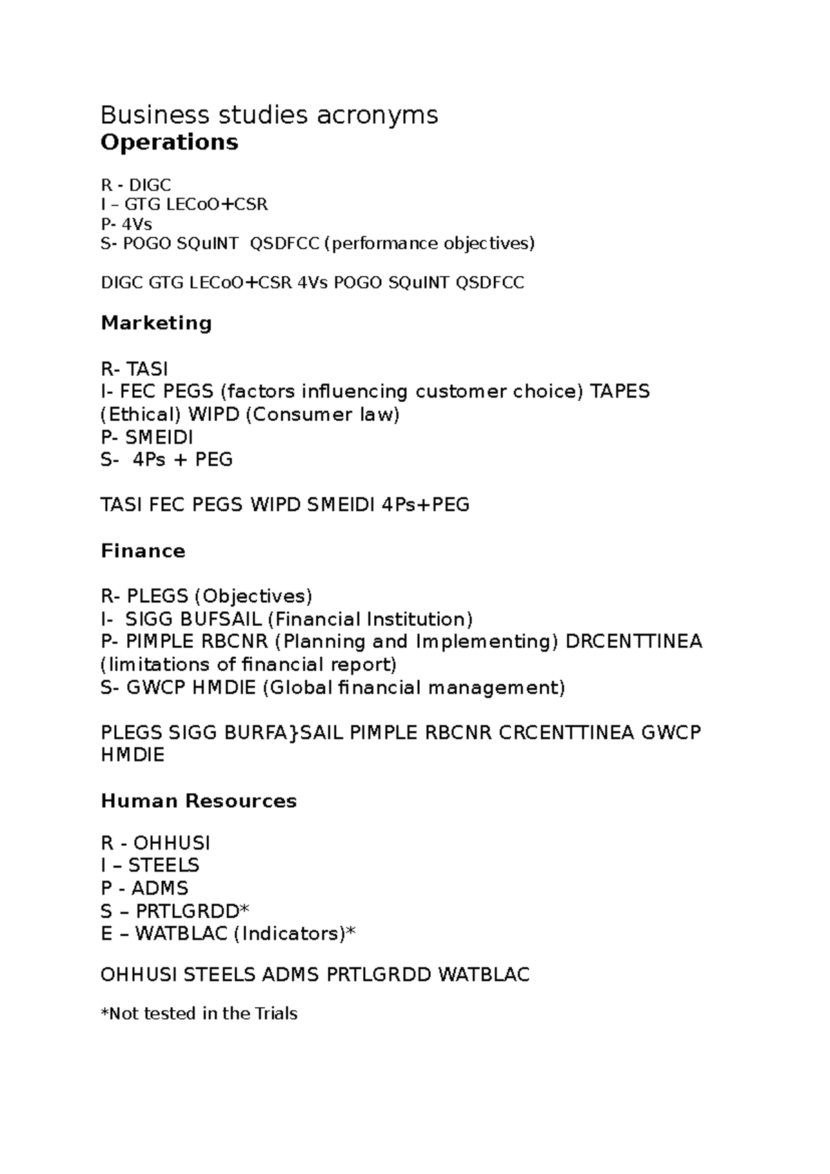 Business studies acronyms - Business studies acronyms Operations R ...