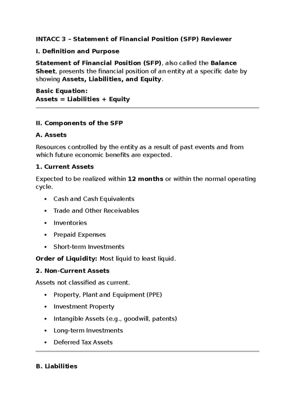INTACC 3 Quiz #1: Statement of Financial Position (SFP) Review - Studocu