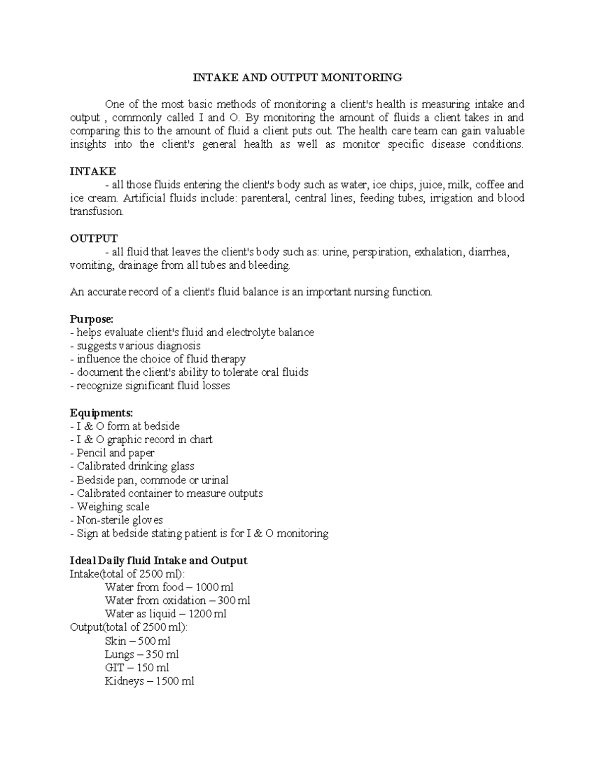 INTAKE AND OUTPUT MONITORING: A Comprehensive Nursing Guide - Studocu