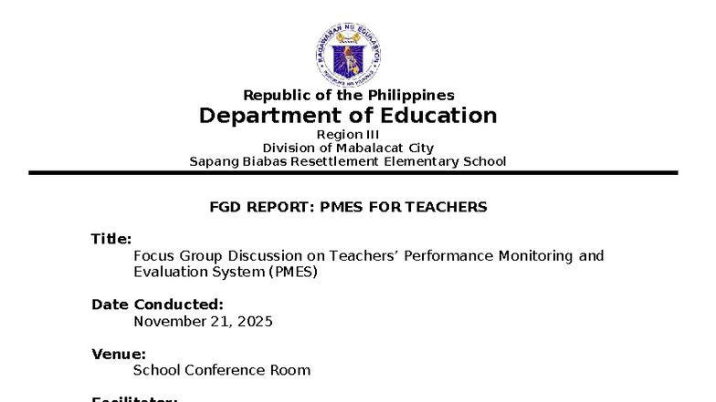 FGD Report: PMES Insights from Teachers (Grades 4-6) - Studocu
