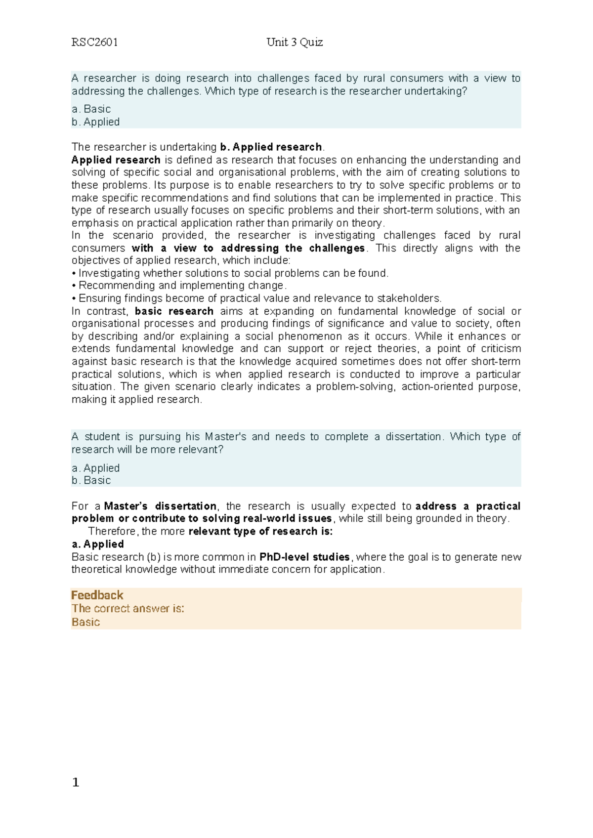 RSC2601 Unit 3 Practice Quiz on Research Types and Methods - Studocu