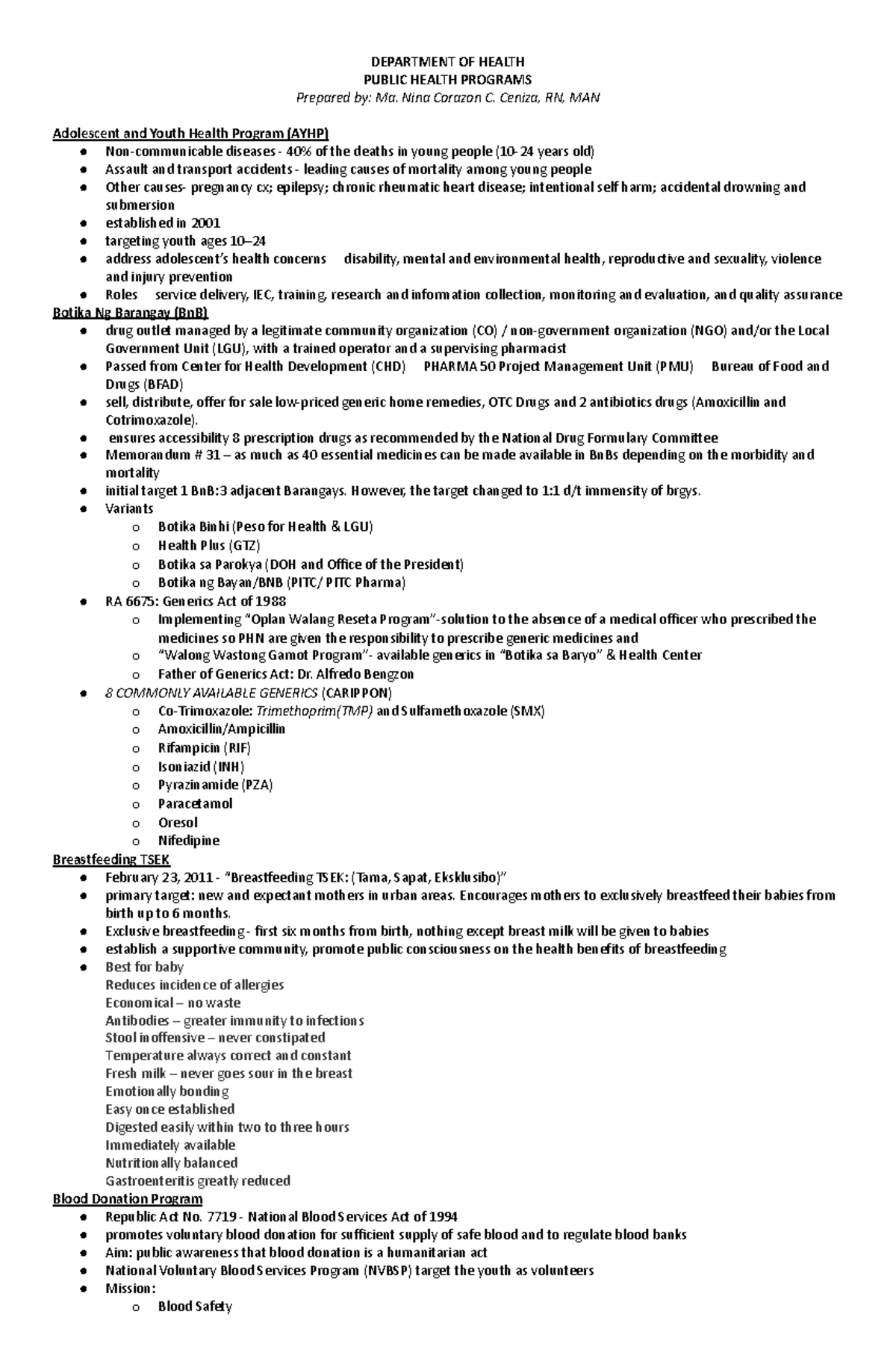 DOH Public Health Programs Handout: Adolescent Health Focus - Studocu