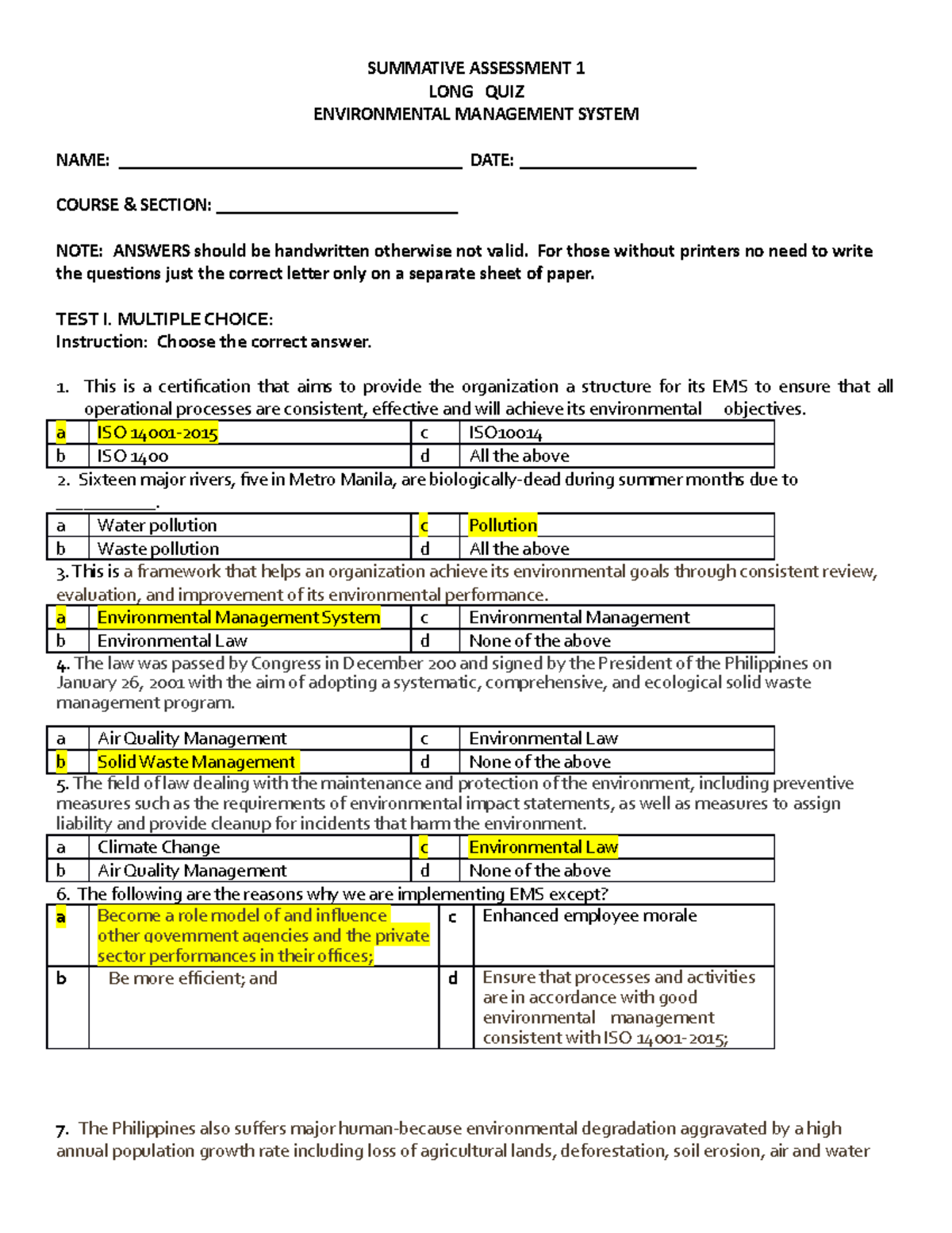 EMS Summative Assessment Quiz Reviewer for Environmental Management ...