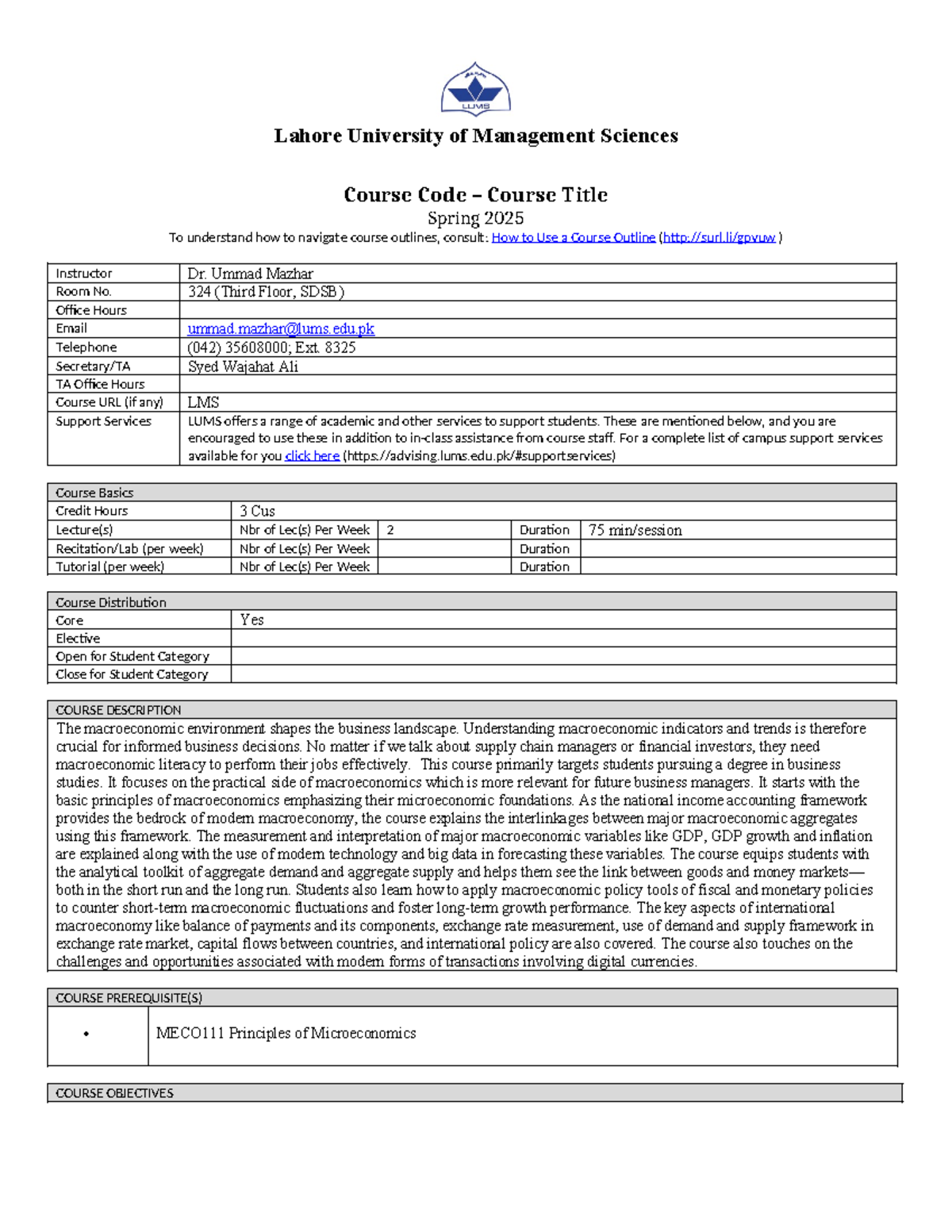 MECO121: Macroeconomics Course Outline - Spring 2025 at LUMS - Studocu