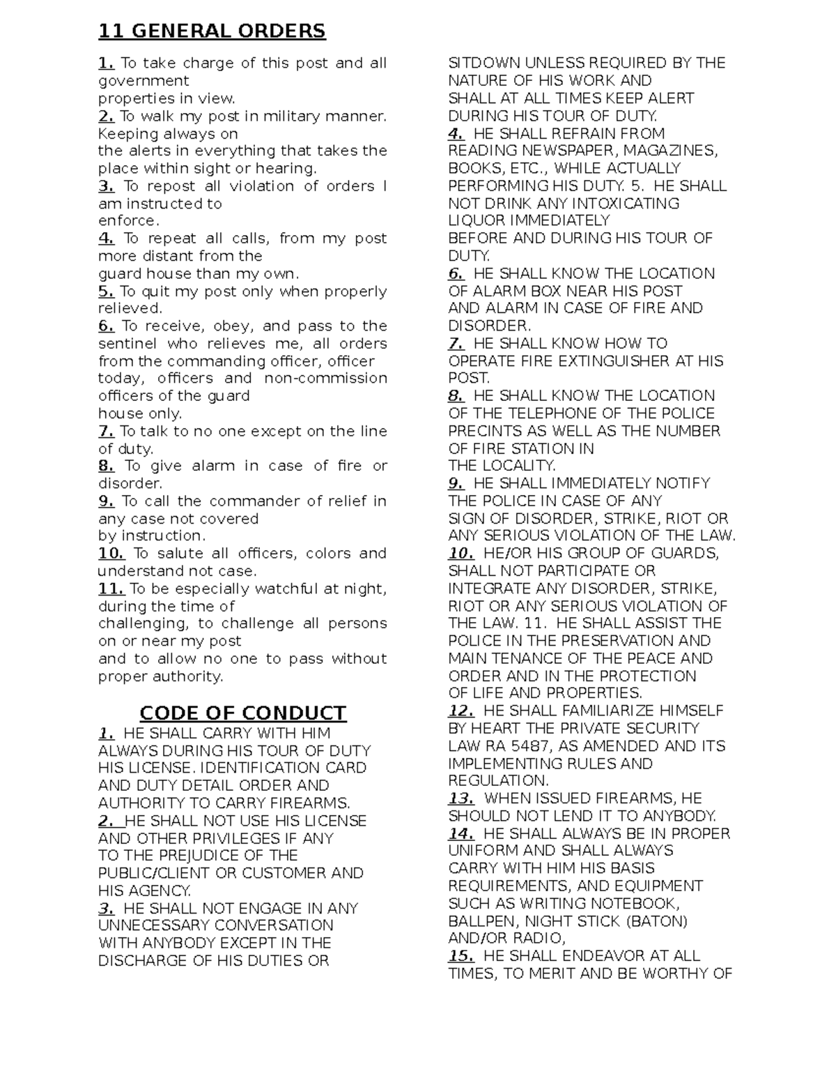 11 General Orders and Code of Conduct for Security Personnel - Studocu