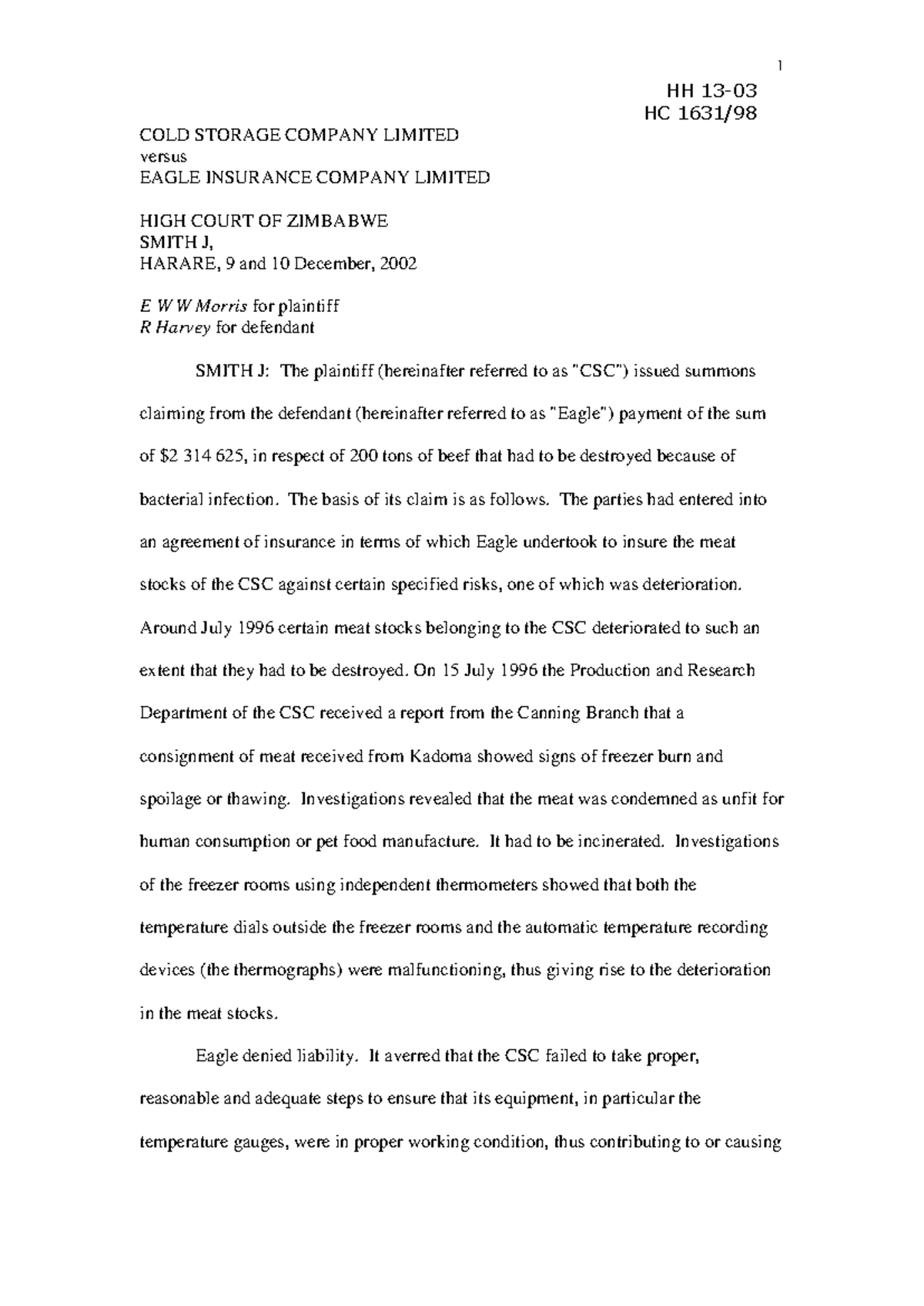 HH 13-2003: CSC vs Eagle Insurance - Liability in Meat Spoilage Case ...