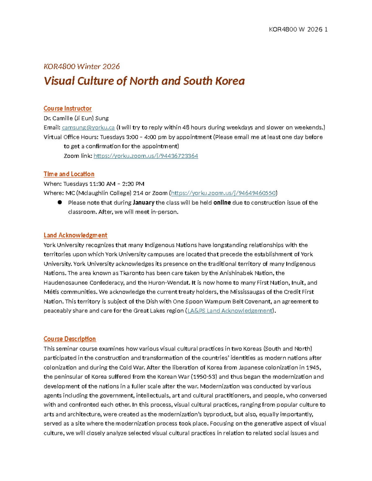 KOR4800 W 2026 Syllabus: Visual Culture of North & South Korea - Studocu