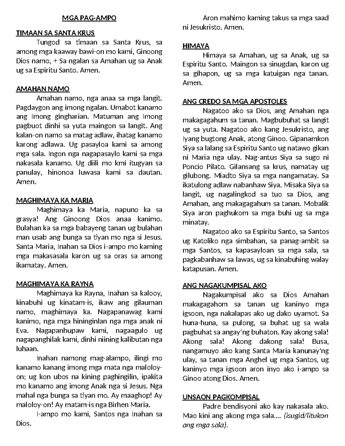 Katekista Komunyon Prayers: Mga Pag-ampo sa Santos nga Misa - Studocu