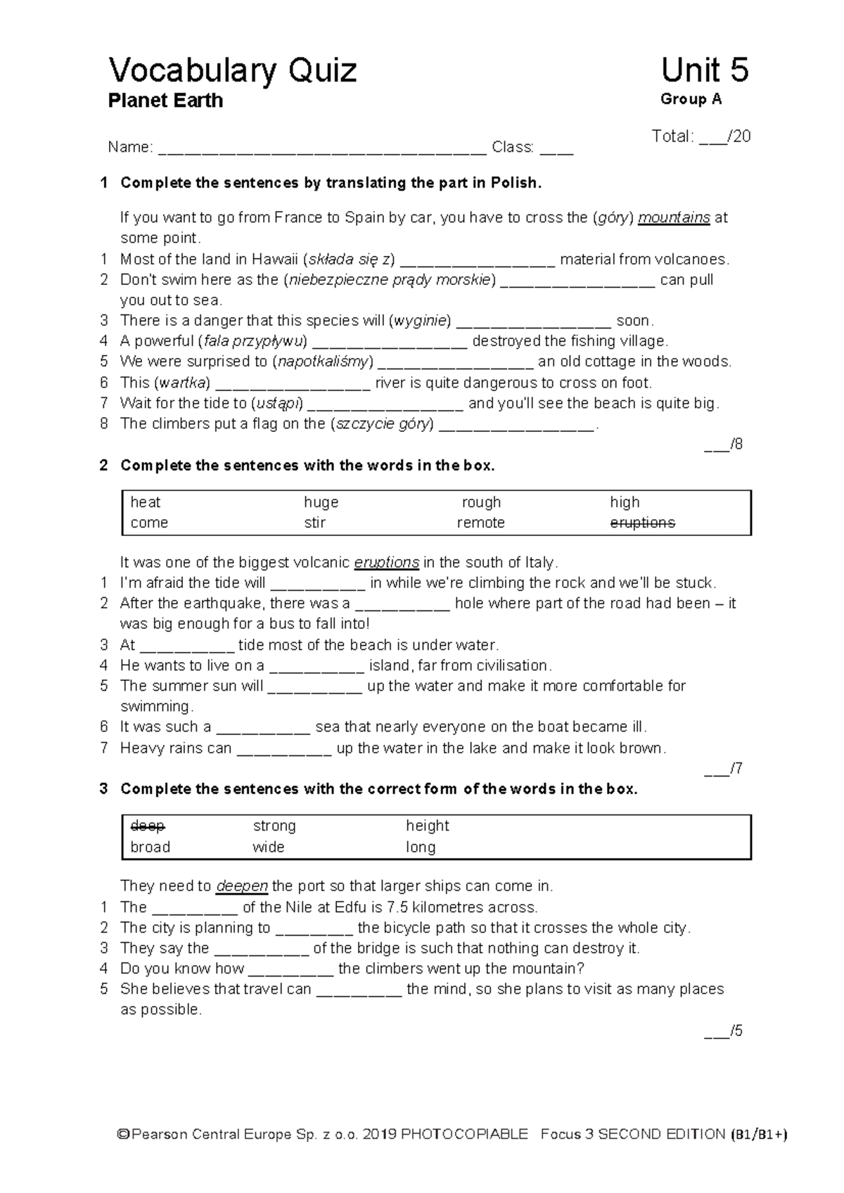 Focus 3 2E Vocabulary Quiz Unit 5: Planet Earth Group A - Studocu