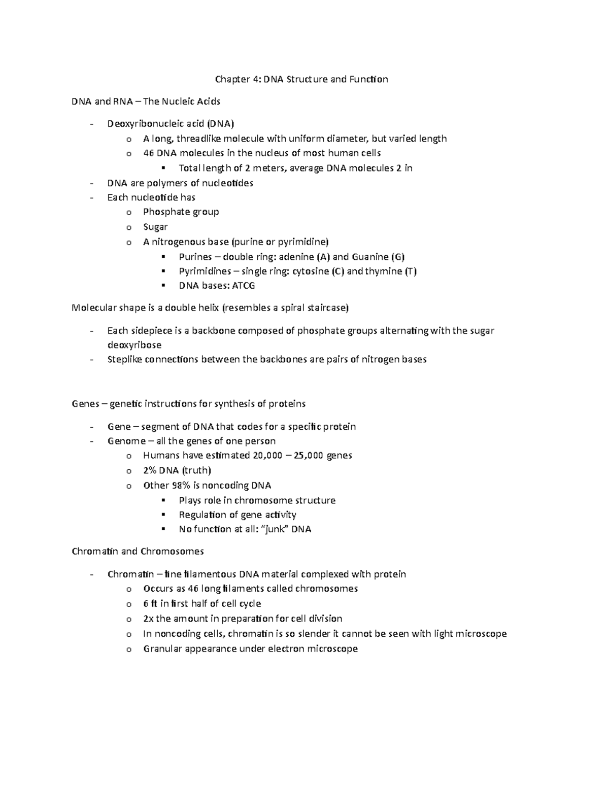 Chapter 4 - Lecture Notes on DNA Structure & Function (Bio 101) - Studocu