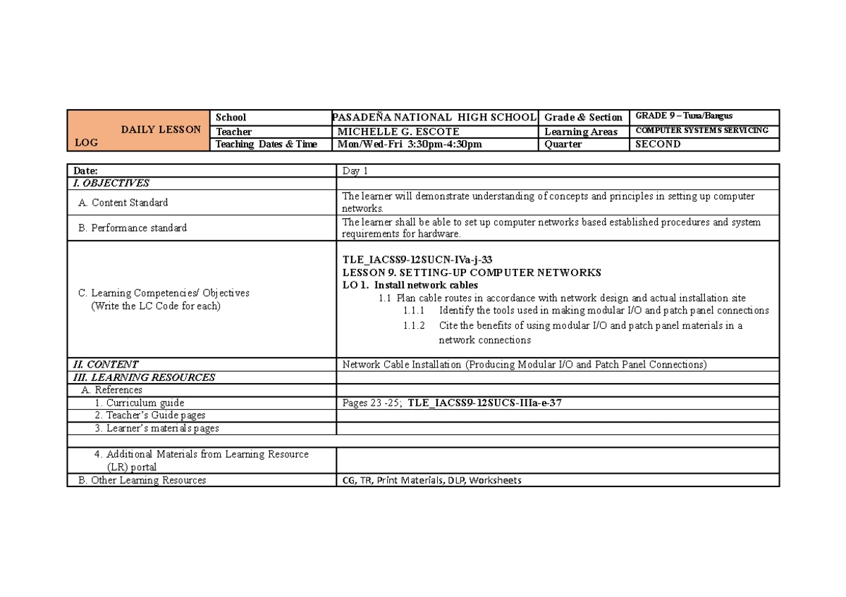 TLE 9 DLL computer-systems-servicing - DAILY LESSON LOG School PASADEÑA NATIONAL HIGH SCHOOL ...
