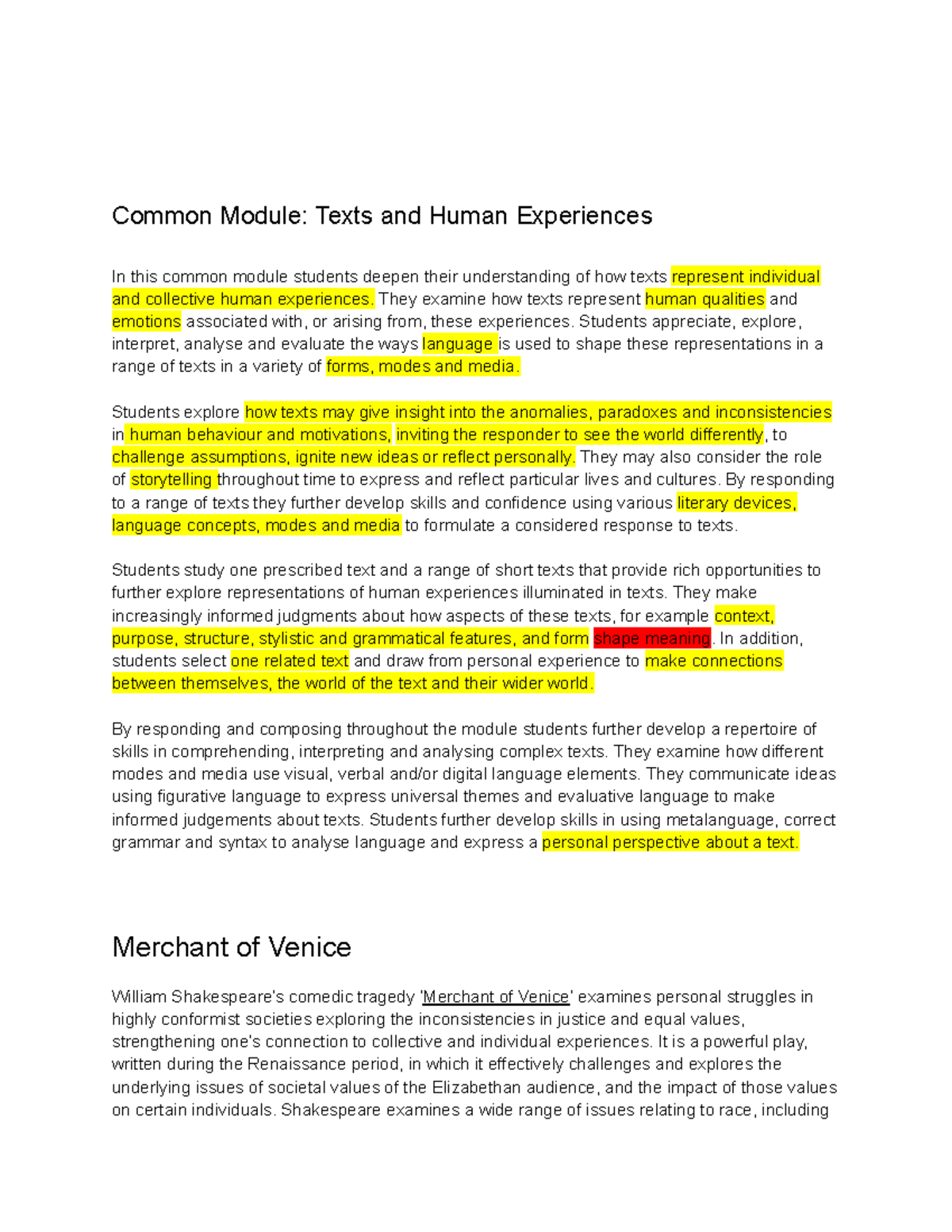 English Year 12: Texts & Human Experiences - Module A Insights - Studocu